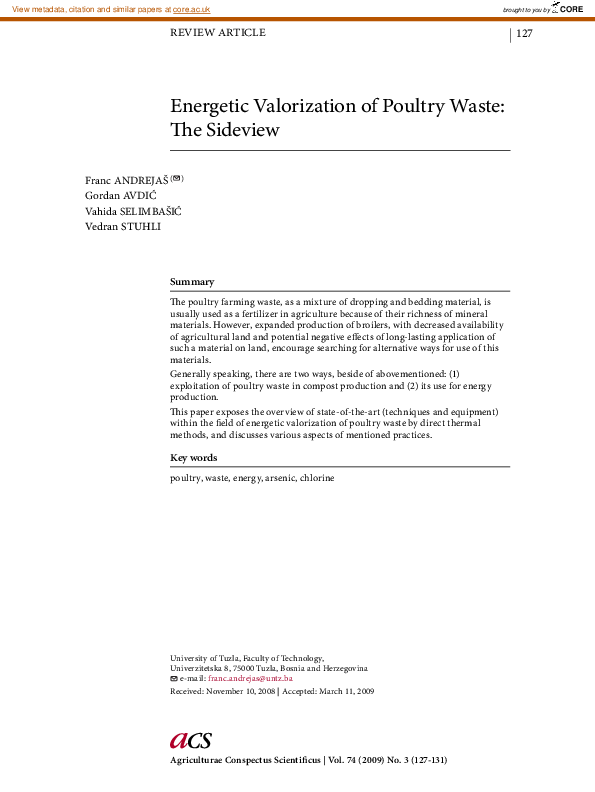 (PDF) Energetic Valorization of Poultry Waste: The Sideview