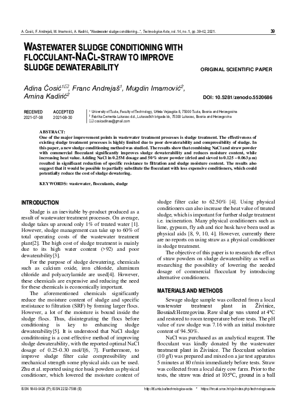 (PDF) Wastewater sludge conditioning with flocculant-NaCl-straw to ...