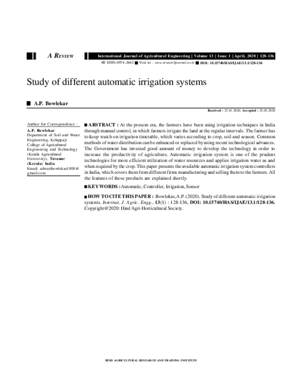 (PDF) Study of different automatic irrigation systems | Adwait Bowlekar - Academia.edu