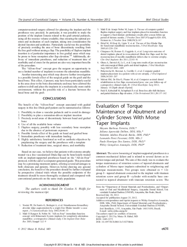(PDF) Evaluation of Torque Maintenance of Abutment and Cylinder Screws ...