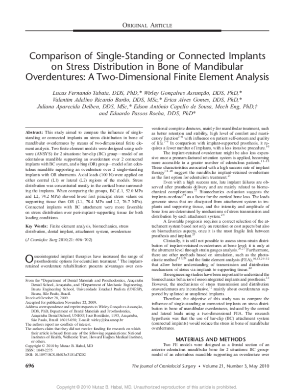 Pdf Comparison Of Single Standing Or Connected Implants On Stress Distribution In Bone Of