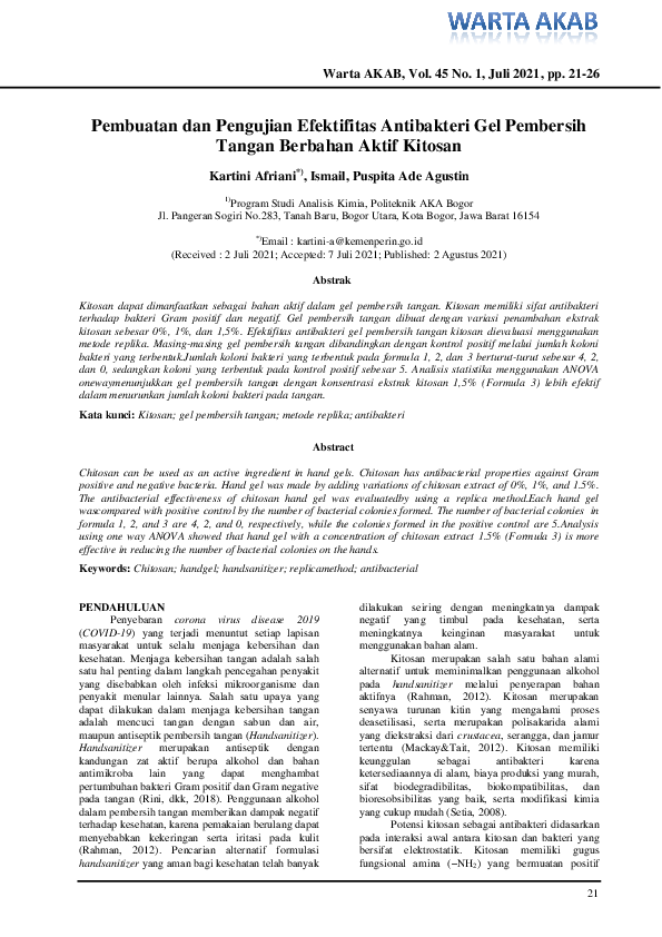 (PDF) Pembuatan dan Pengujian Efektifitas Antibakteri Gel Pembersih Tangan Berbahan Aktif Kitosan