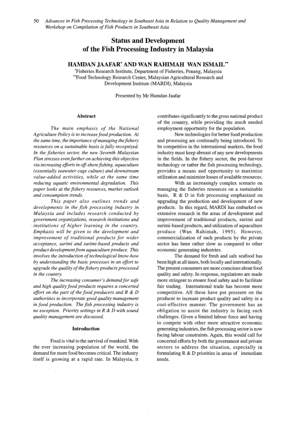 (PDF) Status and development of the fish processing industry in Malaysia