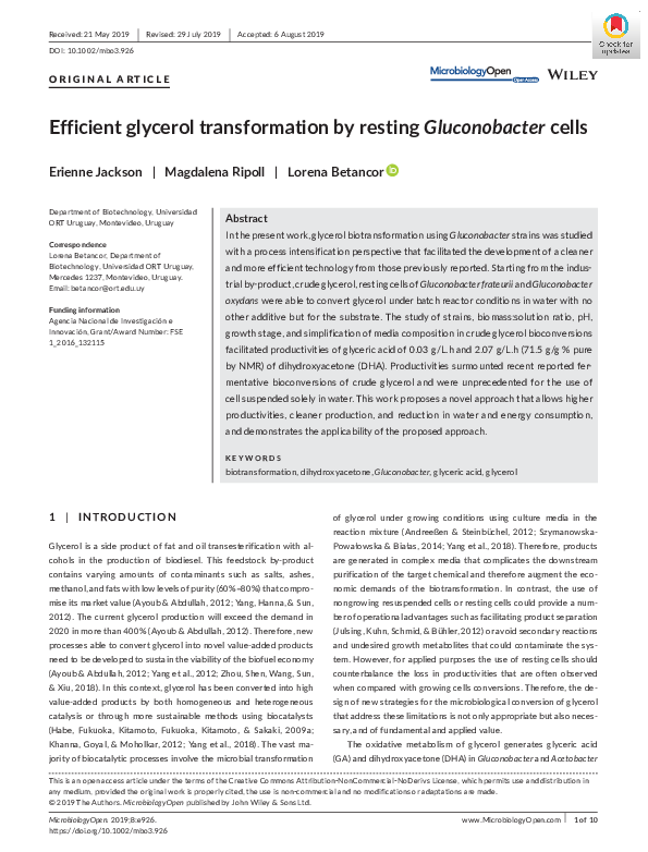(PDF) Efficient glycerol transformation by restingGluconobactercells
