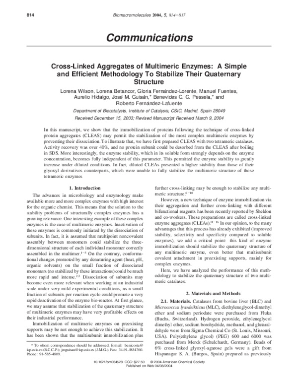 Pdf Cross Linked Aggregates Of Multimeric Enzymes A Simple And Efficient Methodology To