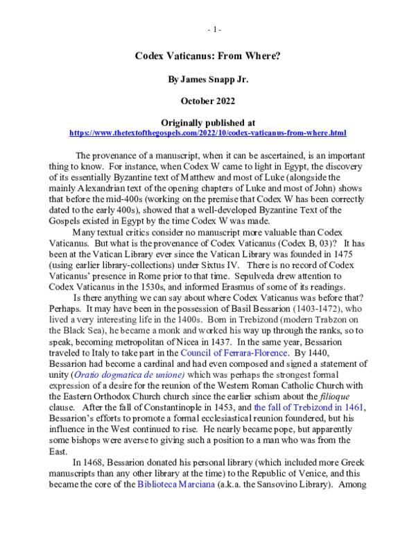 (DOC) Codex Vaticanus: From Where?