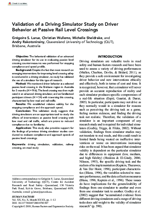 (PDF) Validation of a Driving Simulator Study on Driver Behavior at Passive Rail Level Crossings