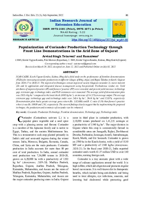 (PDF) Popularization of Coriander Production Technology through Front ...
