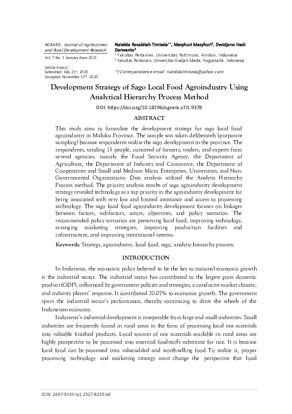 (PDF) Development Strategy of Sago Local Food Agroindustry Using Analytical Hierarchy Process Method