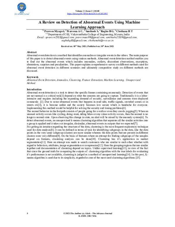 (PDF) A Review on Detection of Abnormal Events Using Machine Learning Approach