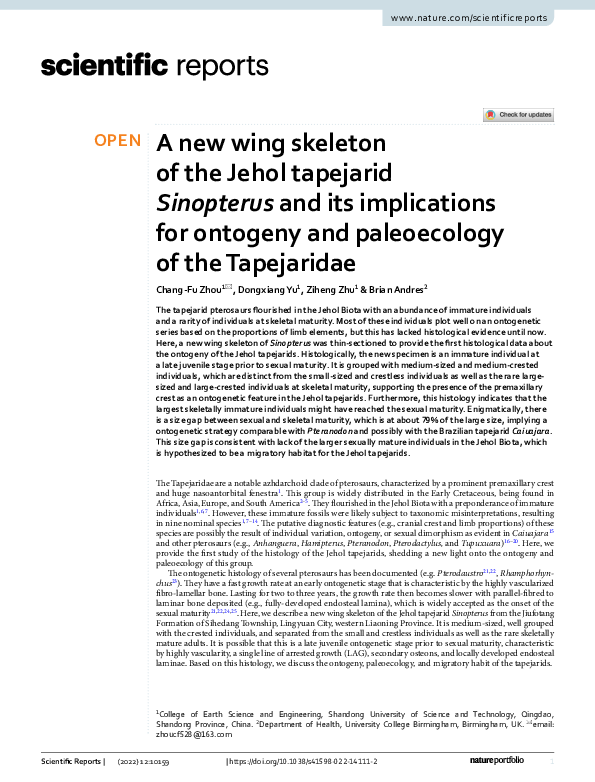 (PDF) A new wing skeleton of the Jehol tapejarid Sinopterus and its ...