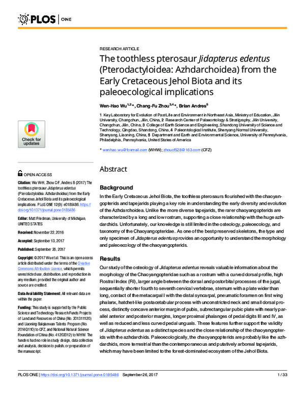 (PDF) The toothless pterosaur Jidapterus edentus (Pterodactyloidea: Azhdarchoidea) from the ...