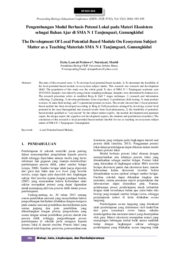 (PDF) Pengembangan Modul Berbasis Potensi Lokal pada Materi Ekosistem sebagai Bahan Ajar di SMA ...