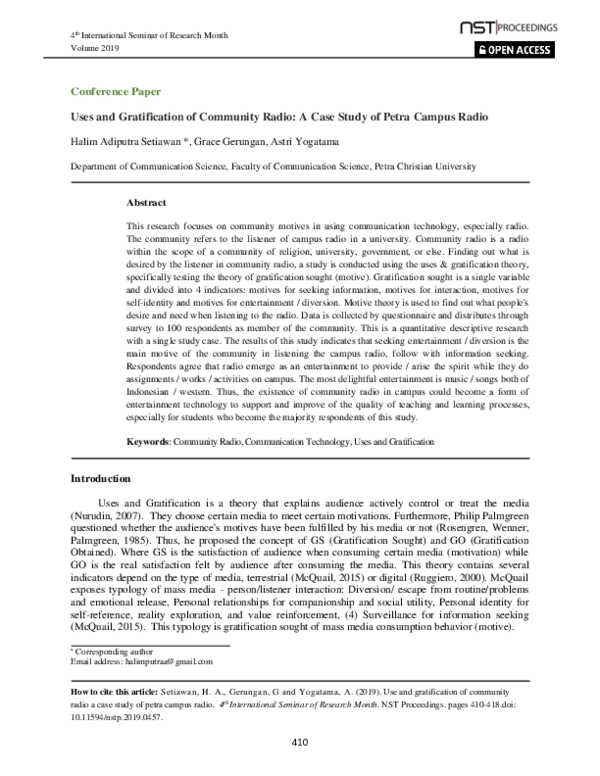 (PDF) Uses and Gratification of Community Radio: A Case Study of Petra Campus Radio