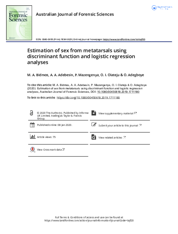 Pdf Estimation Of Sex From Metatarsals Using Discriminant Function And Logistic Regression
