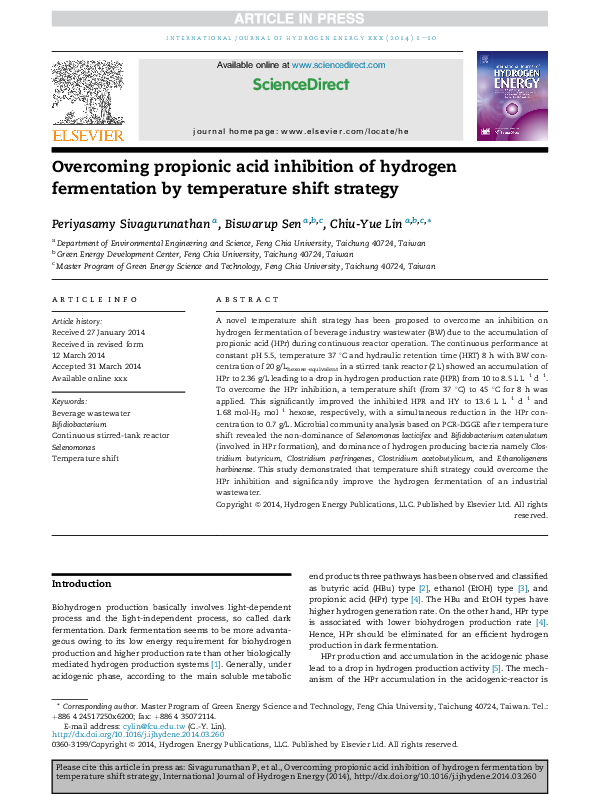 (PDF) Overcoming propionic acid inhibition of hydrogen fermentation by ...