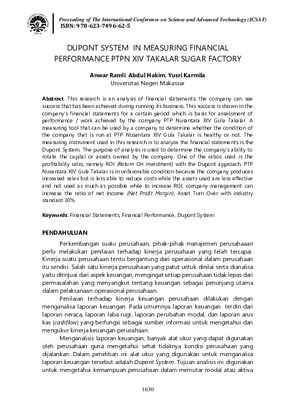 (PDF) Dupont System in Measuring Financial Performance PTPN XIV Takalar Sugar Factory