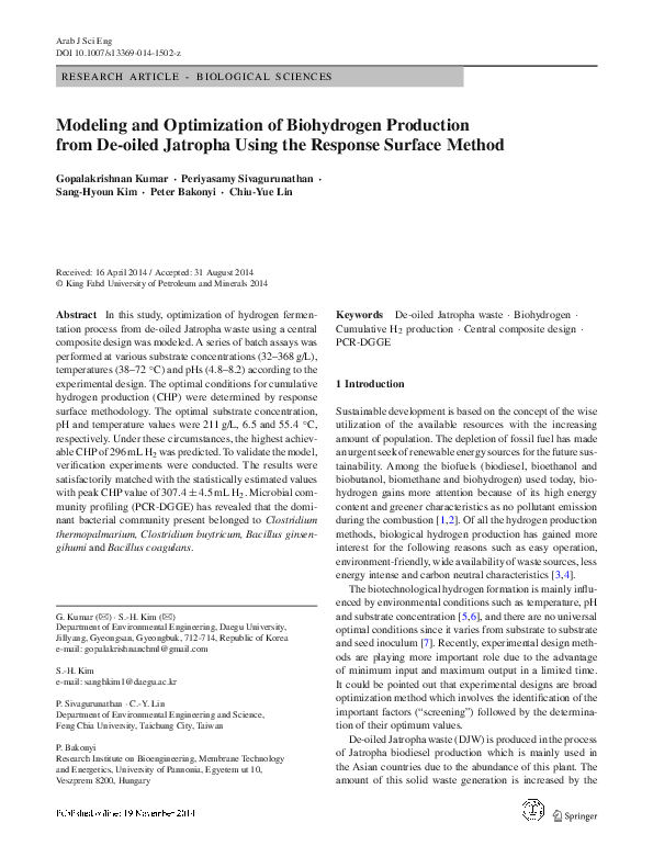 Pdf Modeling And Optimization Of Biohydrogen Production From De Oiled Jatropha Using The
