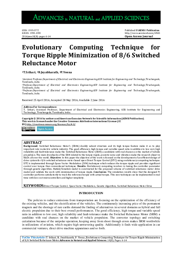 (PDF) Evolutionary Computing Technique for Torque Ripple Minimization of 8/6 Switched Reluctance ...