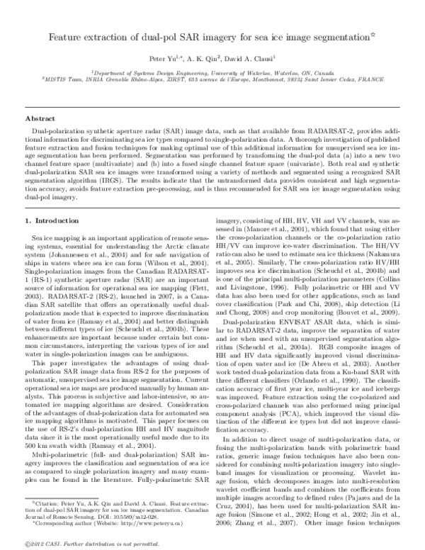 Pdf Feature Extraction Of Dual Pol Sar Imagery For Sea Ice Image Segmentation