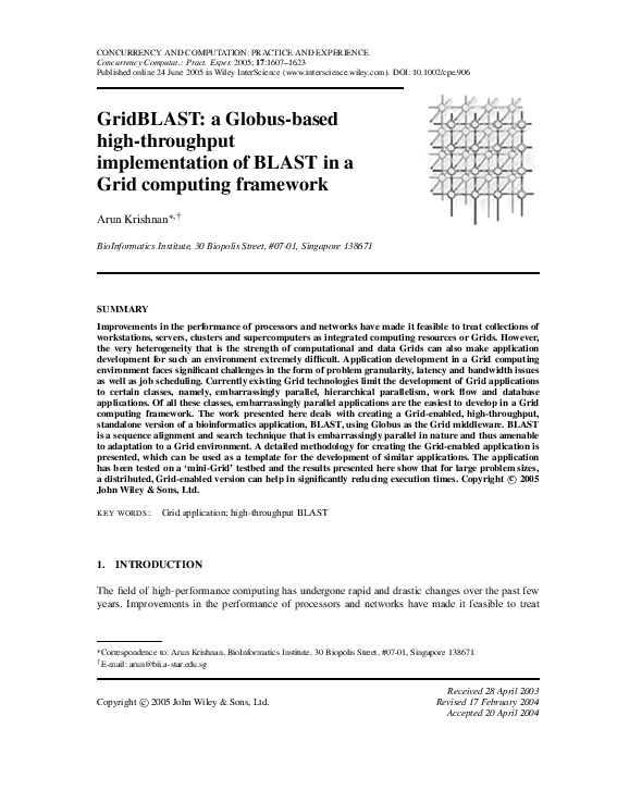 Pdf Gridblast A Globus Based High Throughput Implementation Of Blast In A Grid Computing