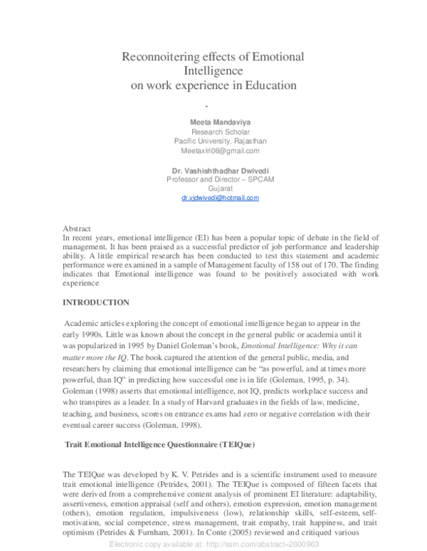 (PDF) Reconnoitering Effects of Emotional Intelligence on Work ...
