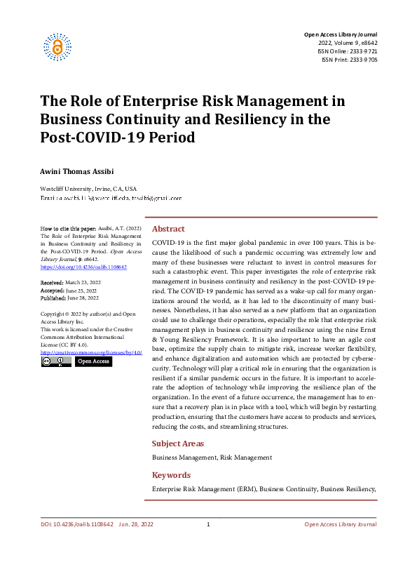(PDF) The Role of Enterprise Risk Management in Business Continuity and ...