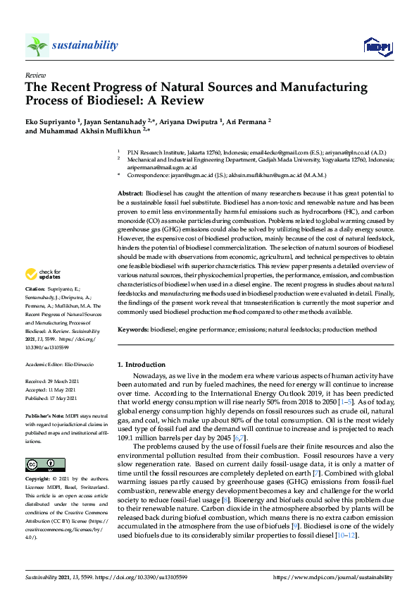 (PDF) The Recent Progress of Natural Source and Manufacturing Process of Biodiesel: A Review