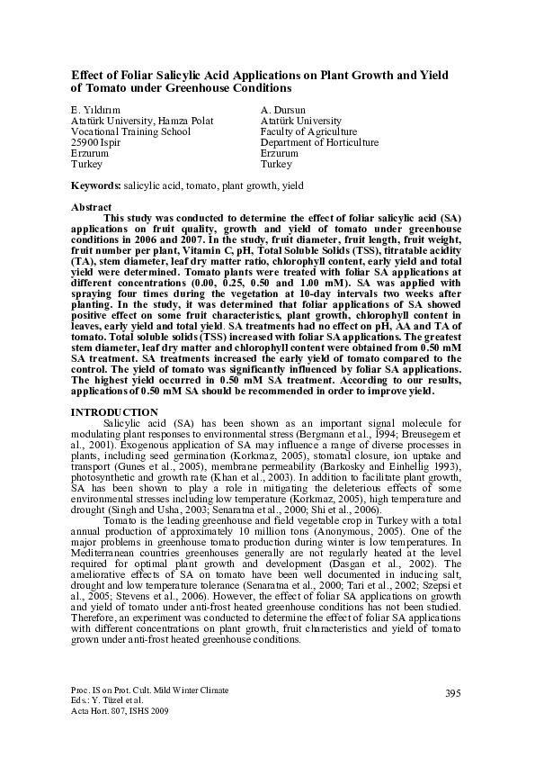 Pdf Effect Of Foliar Salicylic Acid Applications On Growth