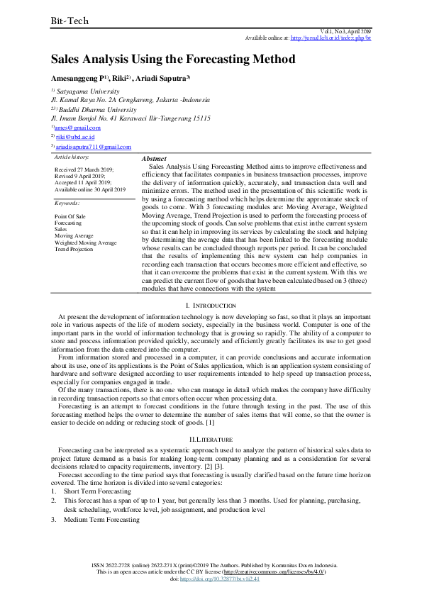 (PDF) Sales Analysis Using the Forecasting Method
