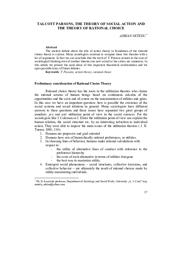 (PDF) Talcott Parsons, the Theory of Social Action and the Theory of Rational Choice