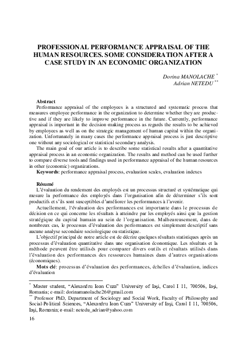 (PDF) Professional Performance Appraisal of the Human Resources. Some Consideration After a Case ...