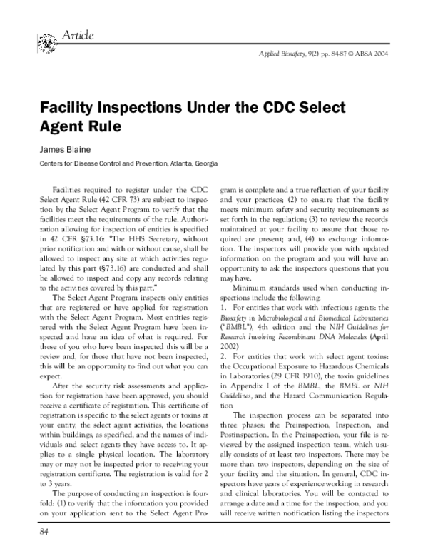 (PDF) Facility Inspections under the CDC Select Agent Rule