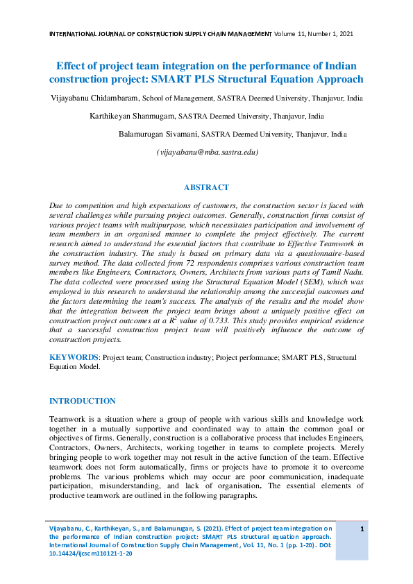 (PDF) Effect of project team integration on the performance of Indian ...