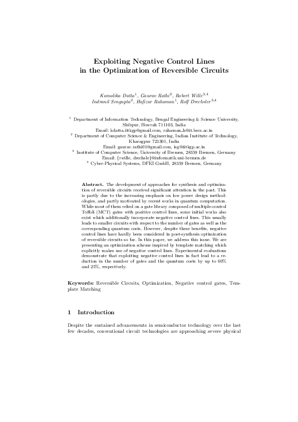 (PDF) Exploiting Negative Control Lines in the Optimization of Reversible Circuits | Indranil ...