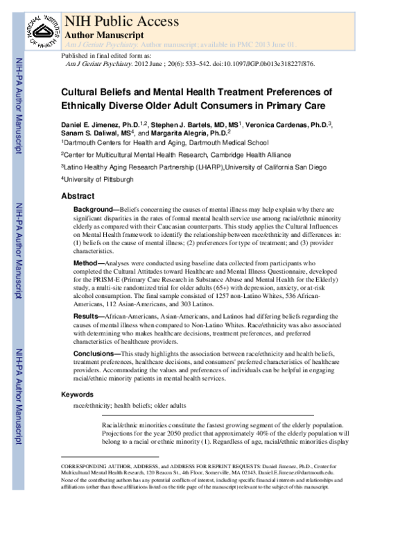 (PDF) Cultural beliefs and mental health treatment preferences of ethnically diverse older adult ...