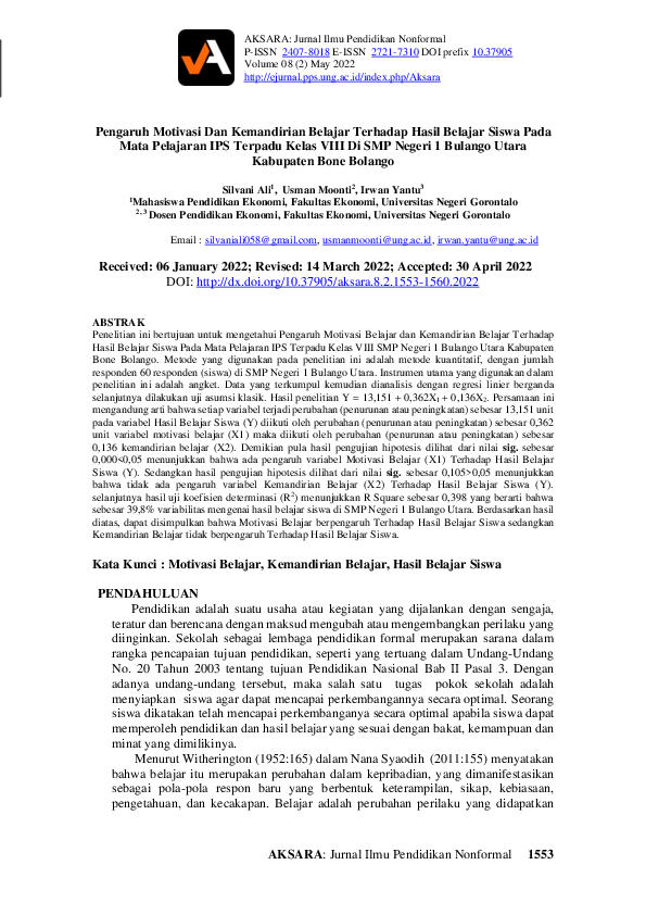 (PDF) Pengaruh Motivasi Dan Kemandirian Belajar Terhadap Hasil Belajar Siswa Pada Mata Pelajaran ...