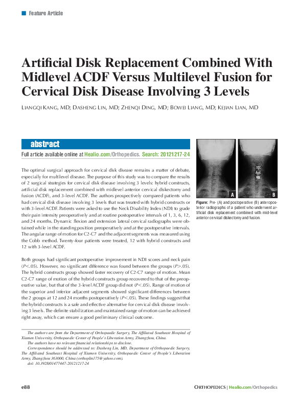 (PDF) Artificial disk replacement combined with midlevel ACDF versus ...