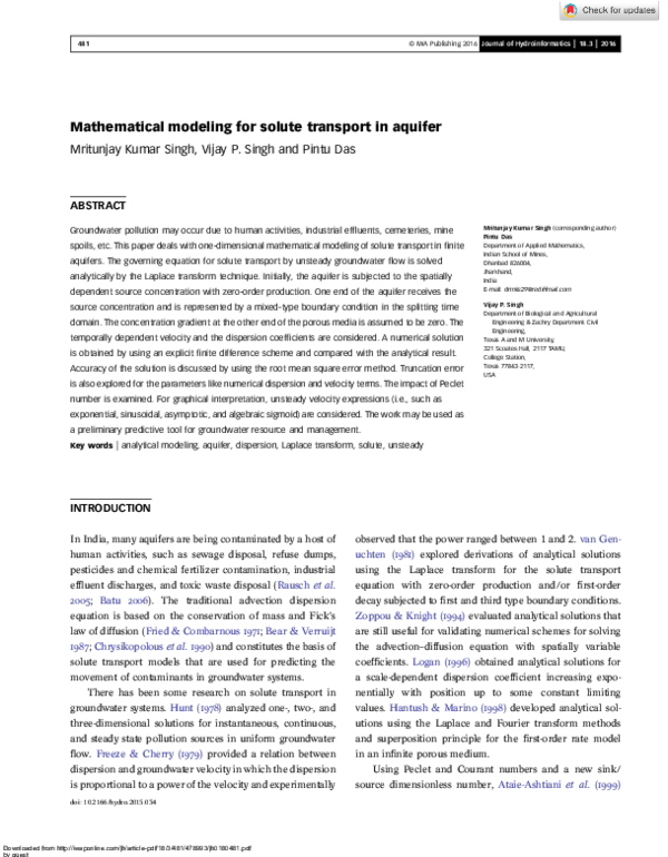 (PDF) Mathematical modeling for solute transport in aquifer
