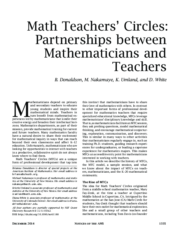 (PDF) Math Teachers' Circles: Partnerships between Mathematicians and ...