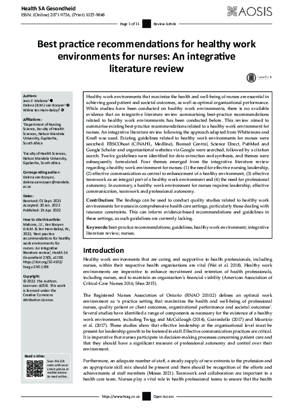 (PDF) Best practice recommendations for healthy work environments for nurses: An integrative ...