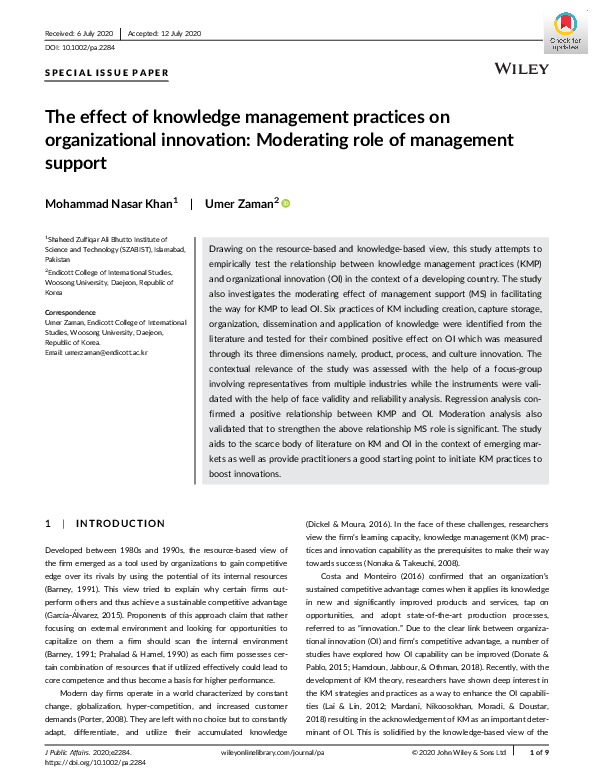 (PDF) The effect of knowledge management practices on organizational innovation: Moderating role ...