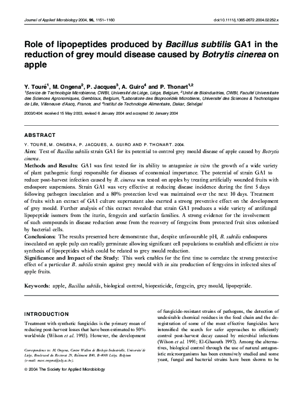 (PDF) Role of lipopeptides produced by Bacillus subtilis GA1 in the ...