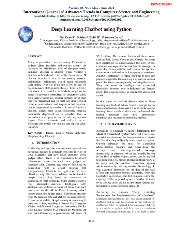 (PDF) Deep Learning Chatbot using Python (PDF) Deep Learning Chatbot using Python