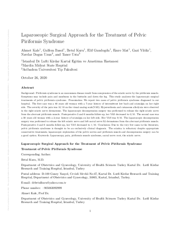 Pdf Laparoscopic Surgical Approach For The Treatment Of Pelvic Piriformis Syndrome Gazi