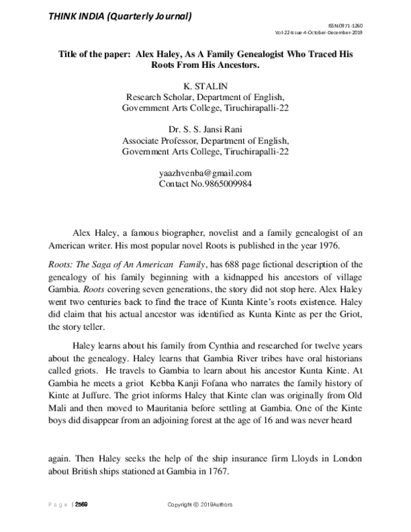 (PDF) Alex Haley, As A Family Genealogist Who Traced His Roots From His ...