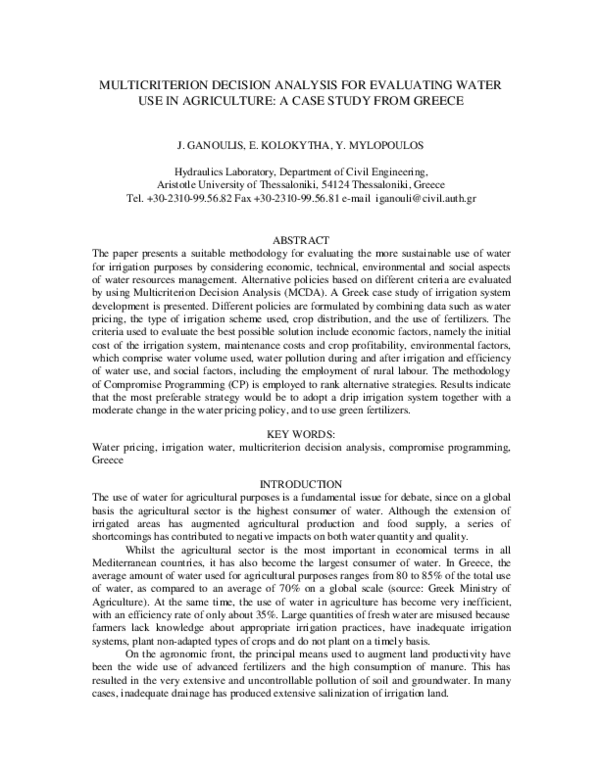 (PDF) Multicriterion Decision Analysis for Evaluating Water Use in Agriculture: A Case Study ...