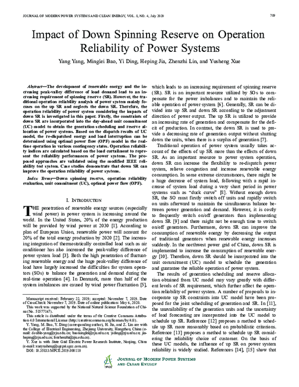 (PDF) Impact of Down Spinning Reserve on Operation Reliability of Power Systems