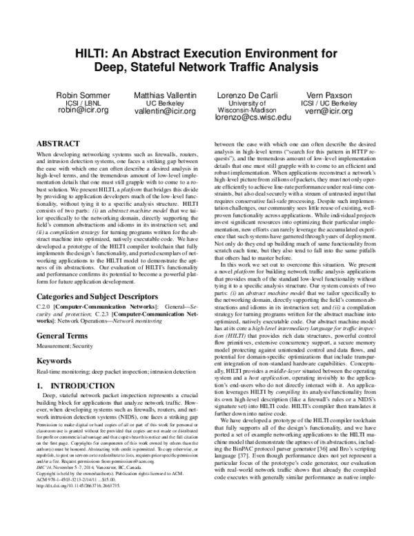 (PDF) HILTI: An Abstract Execution Environment for Deep, Stateful Network Traffic Analysis