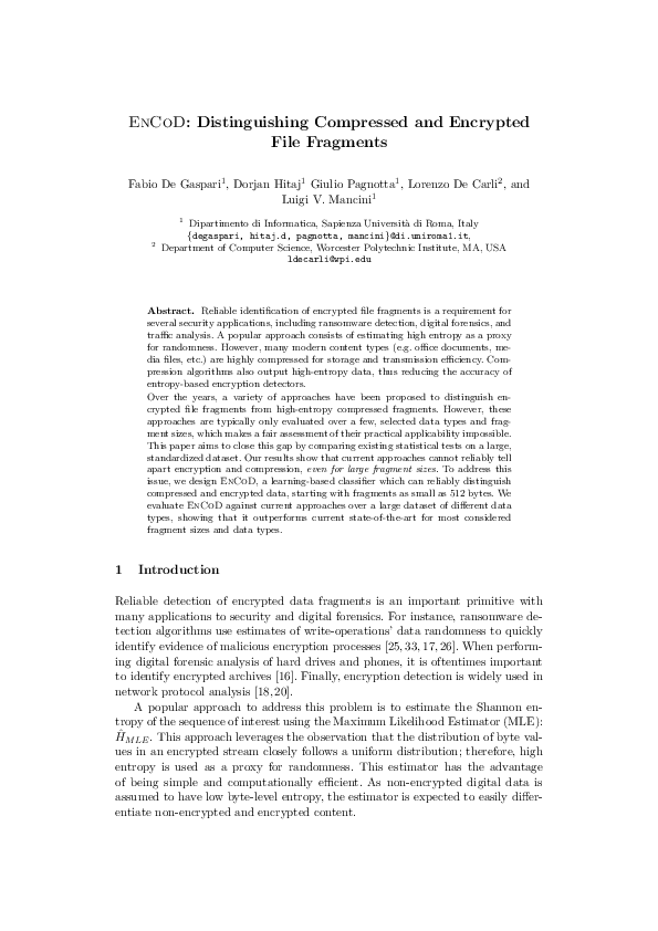 (PDF) EnCoD: Distinguishing Compressed and Encrypted File Fragments